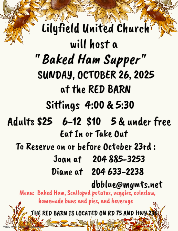 2025 Oct 26 – Lilyfield United Church Baked Ham Supper – Manitoba Fall ...